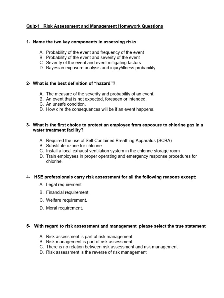 Quiz 1 Risk Assessment - Homework Questions | PDF | Risk | Risk Assessment