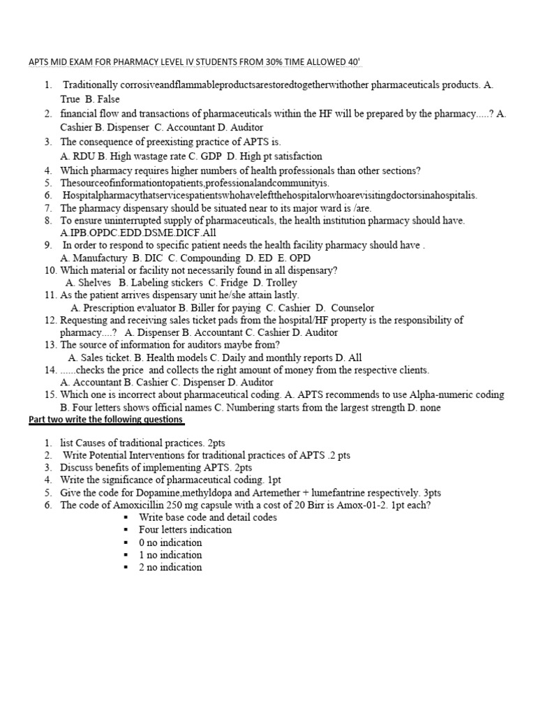 APTS Mid Exam for Pharmacy Level IV | PDF | Pharmacy | Social Programs