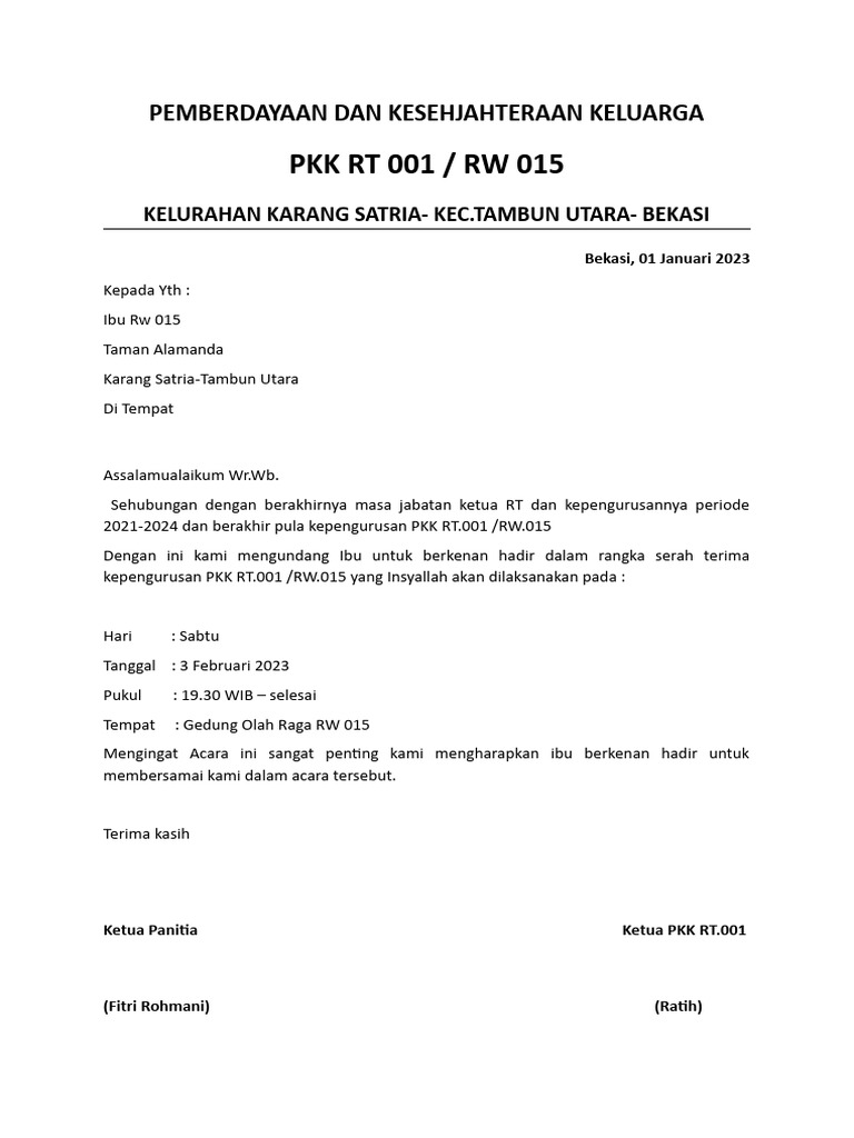 Undangan Serah Terima PKK RT 001 | PDF