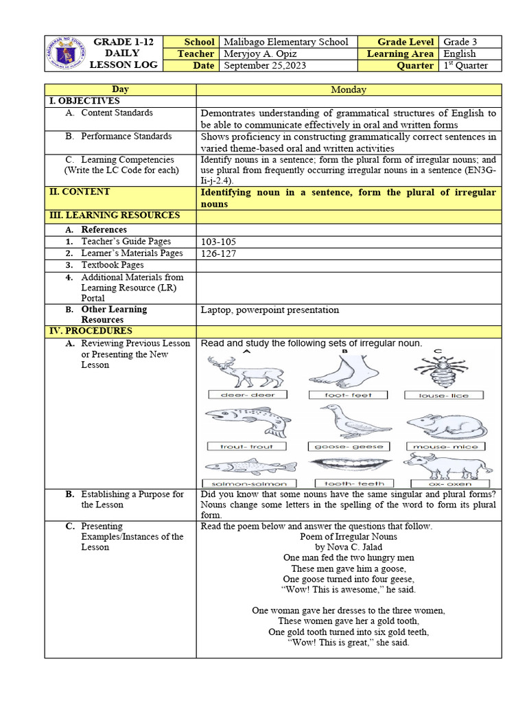 EngLISH Lesson Plan | PDF | Plural | English Language