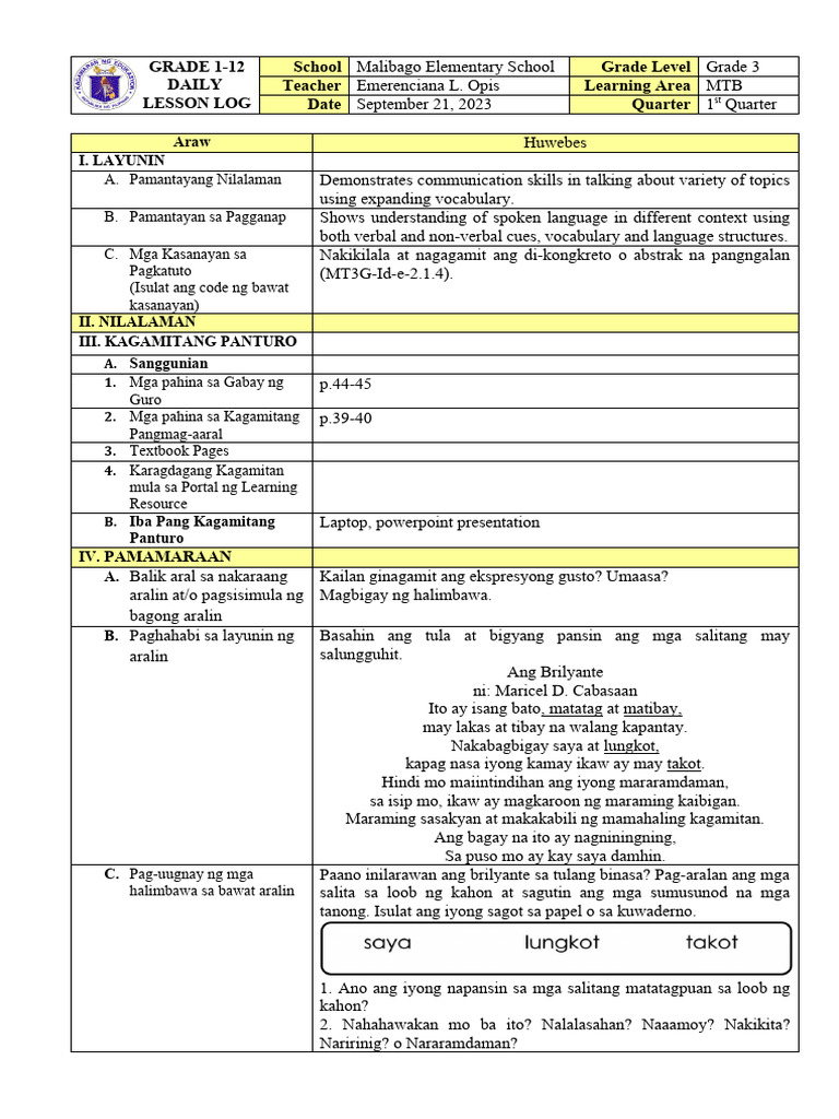 MTB Lesson Plan | PDF