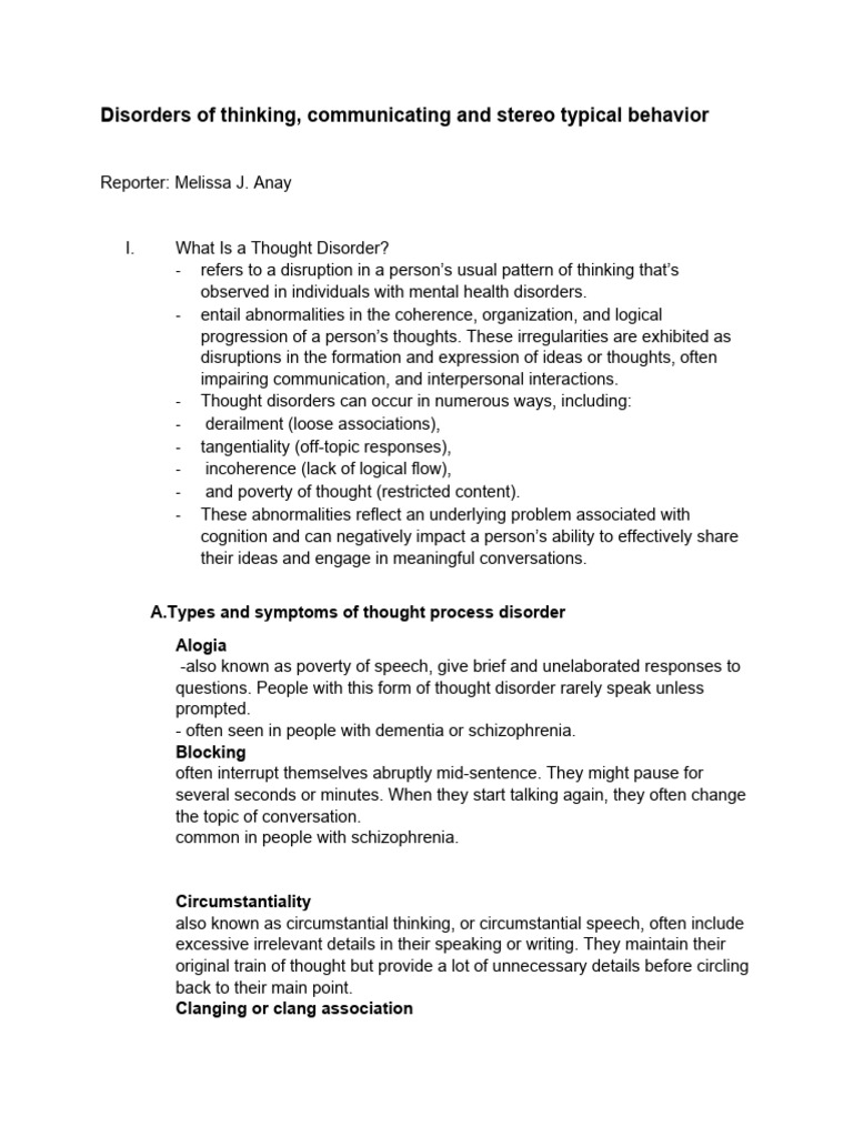 Disorders of Thinking, Communicating and Styreotyping Behavior Outline ...