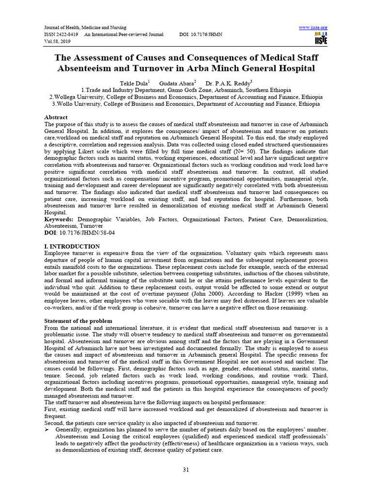 Absenteeism and Turnover of Medical Staff | PDF | Turnover (Employment ...