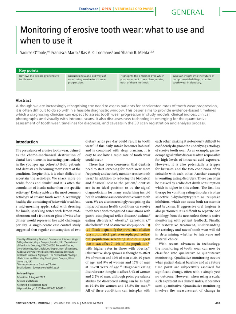 Monitoring of Erosive Tooth Wear | PDF | Dentistry | Medical Diagnosis