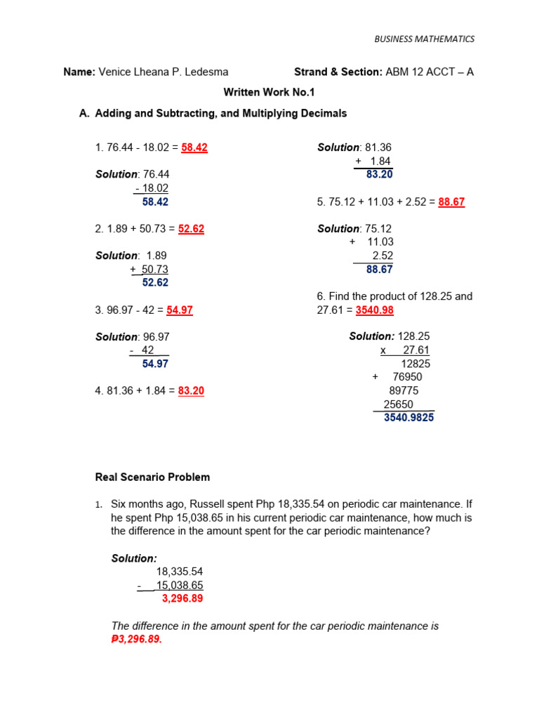 Ledesma, ABM 12-ACCT A - BusMath - Written - Work - No.1 | PDF | Mathematical Notation ...