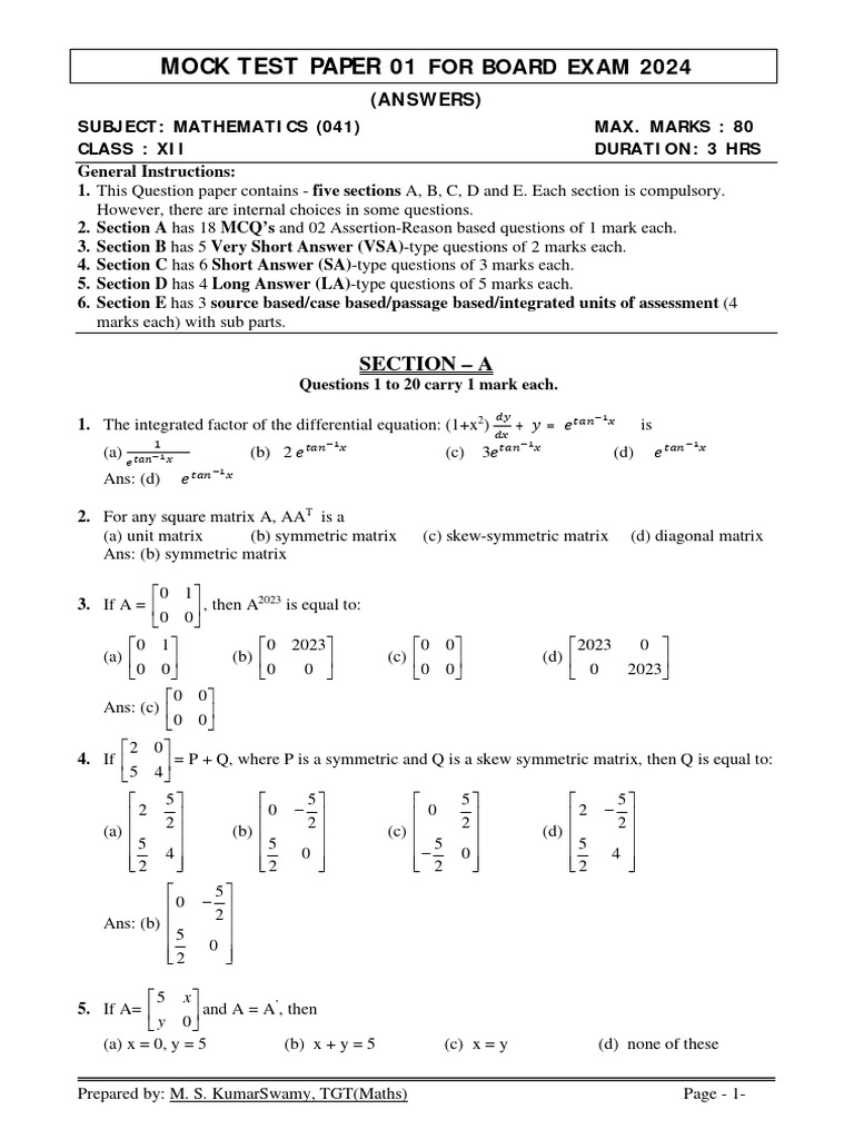 Maths Class XII Mock Test Paper 01 For Board Exam 2024 Answers | PDF ...