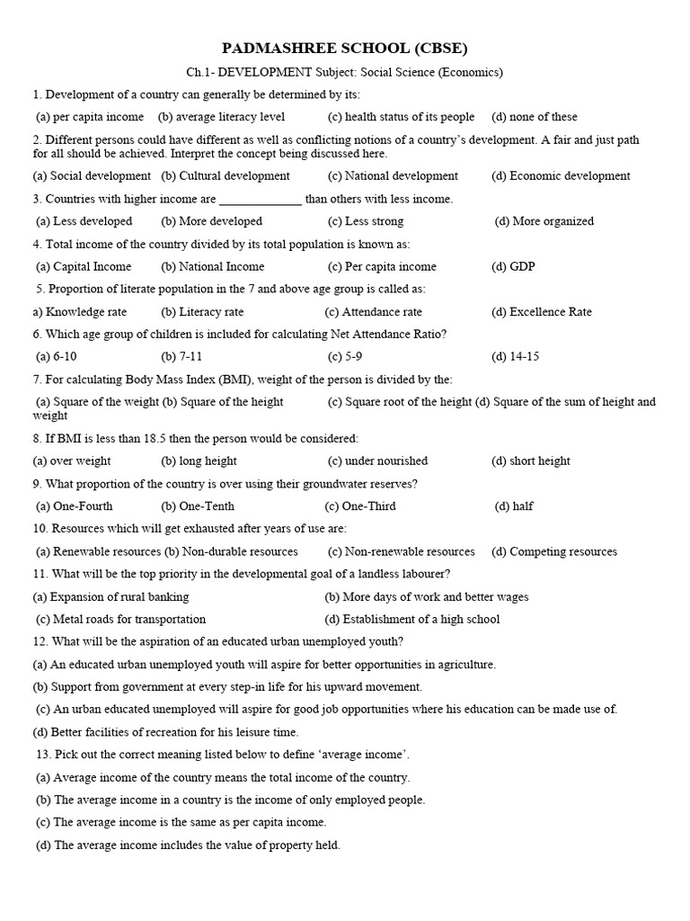 Development MCQ | PDF | Developing Country | Body Mass Index