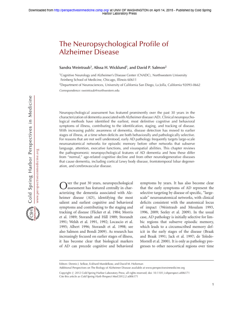 Weintraub, Wicklund, Slmon - 2001 - The Neuropsychological Profile of Alzheimer Disease | PDF ...