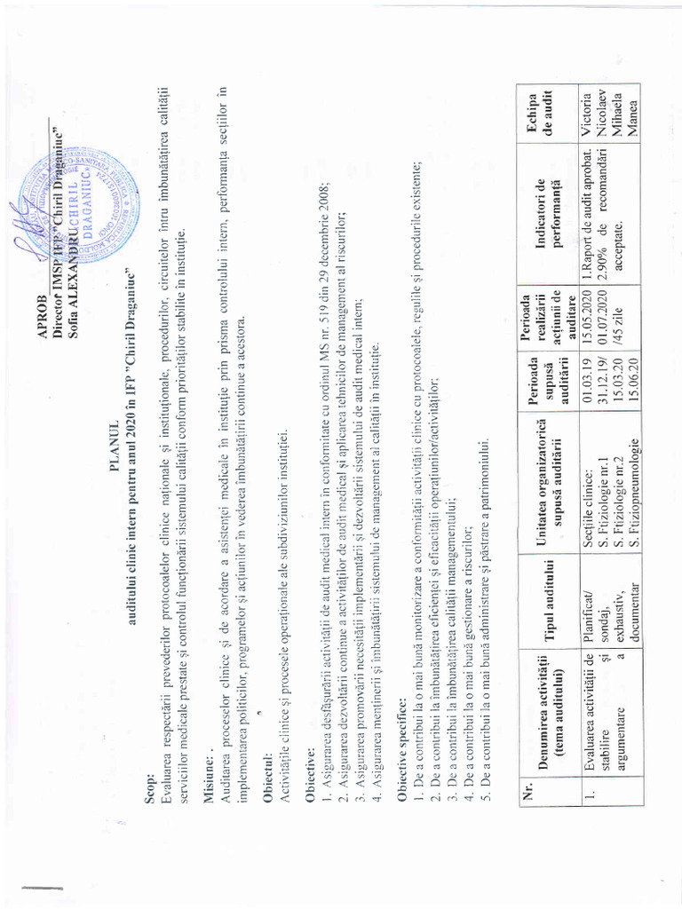 Plan Auditul Clinic Intern Pentru Anul 2020 | PDF