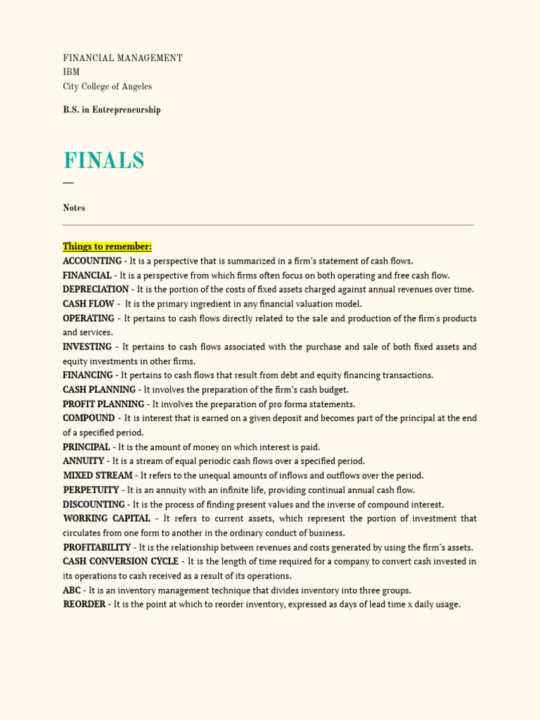 Financial Management Review Notes | PDF | Inventory | Discounting