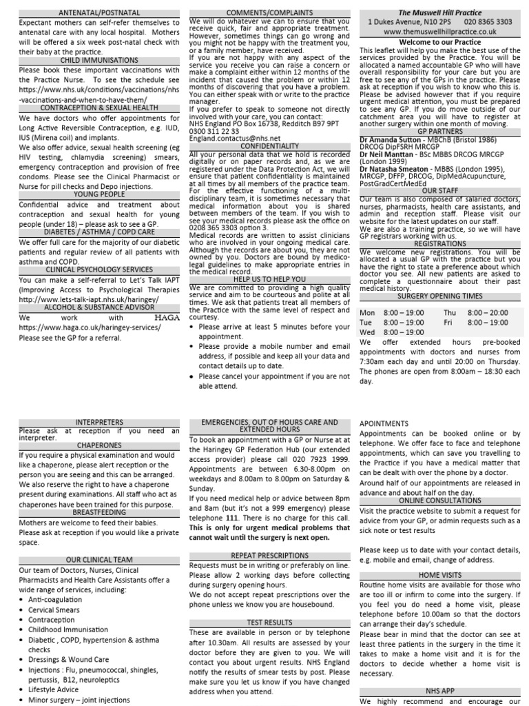 PRACTICE LEAFLET 2021 - The Muswell Hill Practice | PDF | General ...