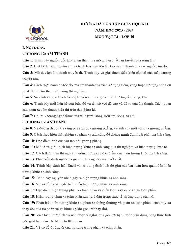 HƯỚNG DẪN ÔN TẬP - GHKI - VẬT LÍ - KHỐI 10 | PDF