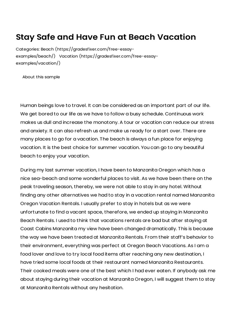 Stay Safe and Have Fun at Beach Vacation: (Essay Example), 499 Words ...