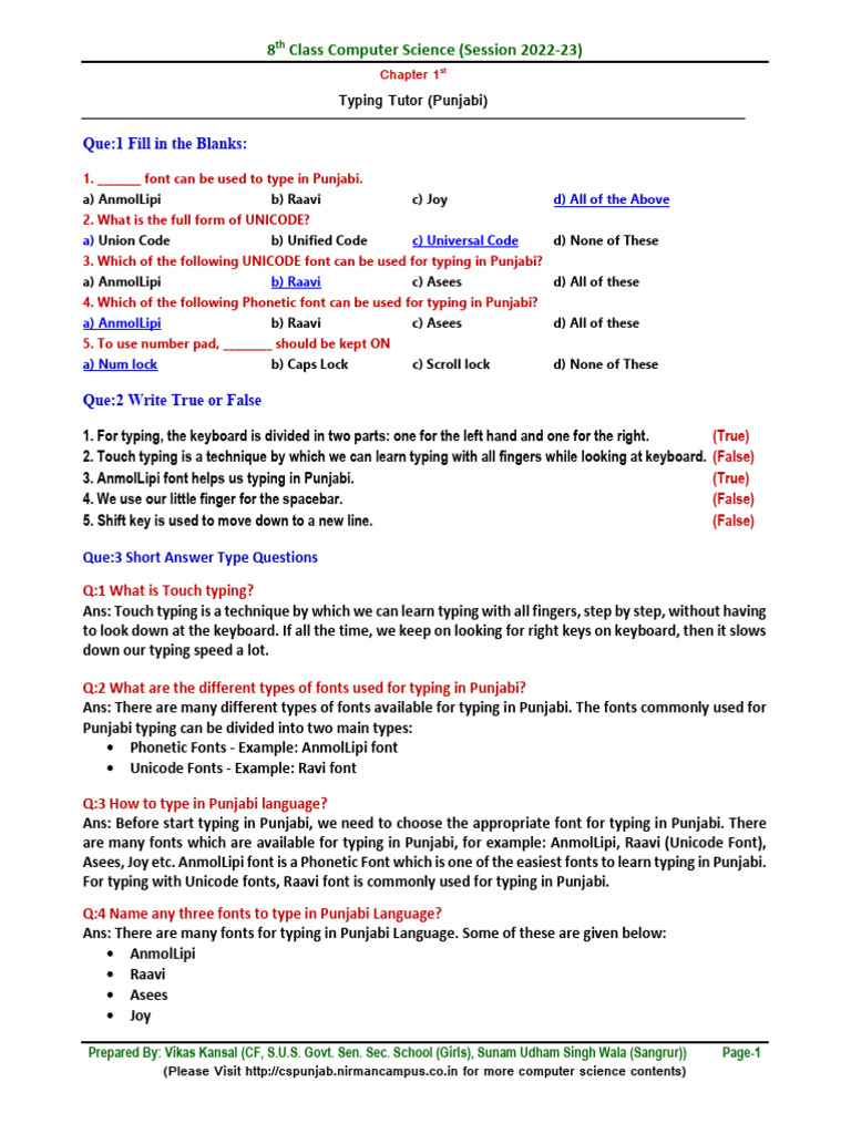 8 Class Computer Science (Session 2022-23) : Que:1 Fill in The Blanks | PDF | Computer Keyboard ...