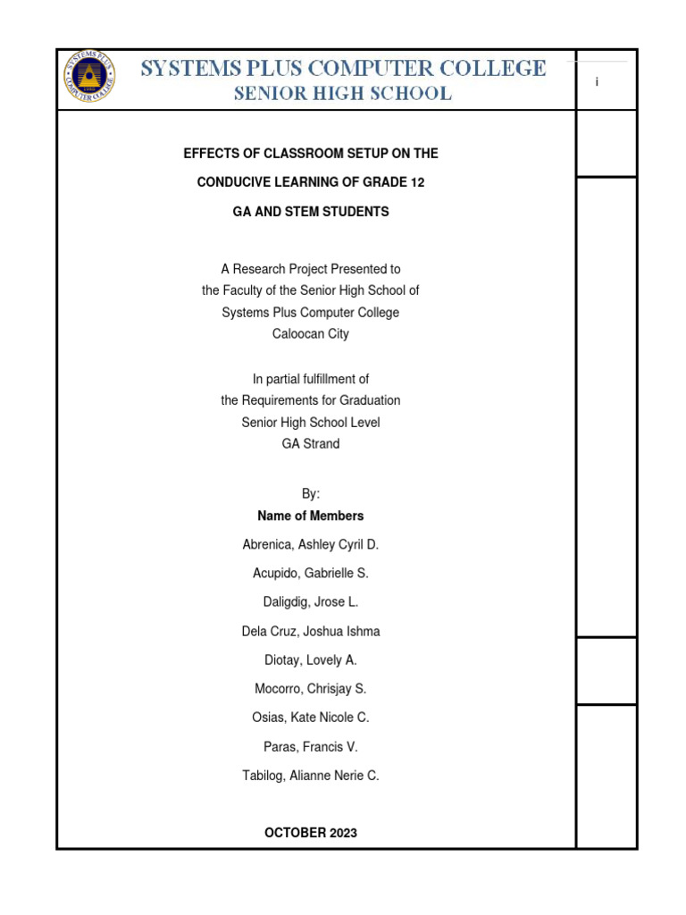 Effects of Classroom Setup On The Conducive Learning of Grade 12 Ga and ...