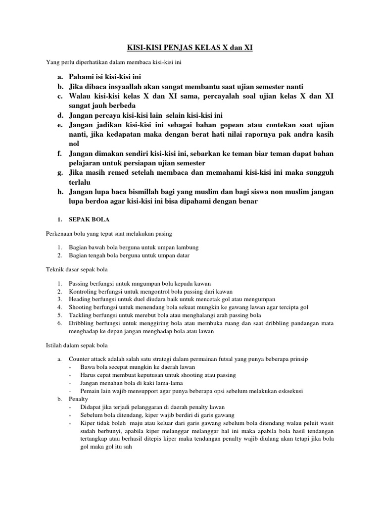Kisi-Kisi Penjas Kelas X & XI | PDF