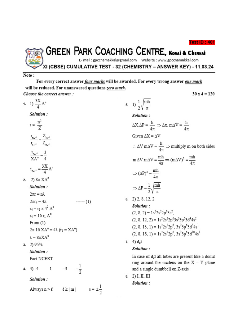 CBSE XI Chemistry Test 32 Answer Key | PDF | Ion | Molecular Orbital