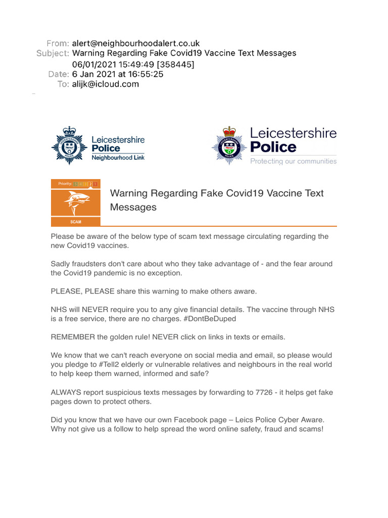 Warning Regarding Fake Covid19 Vaccine Text Messages 06012021 154949 ...