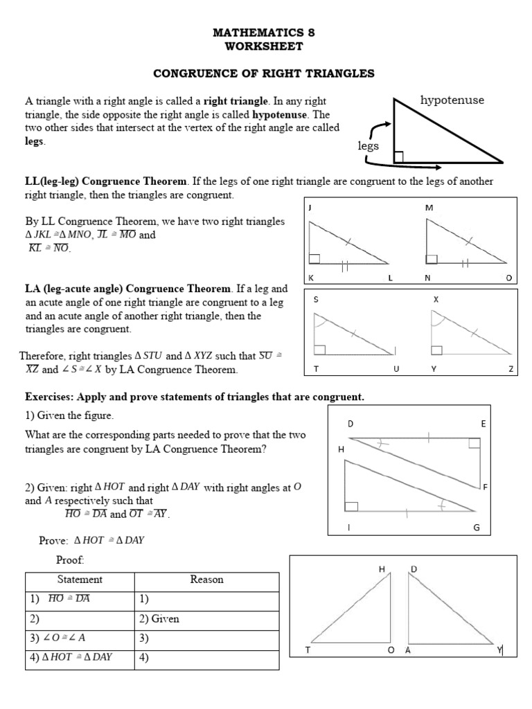 Math 8 Worksheet Congruence Postulate | PDF | Triangle | Elementary ...