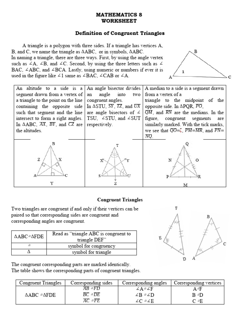 Math 8 Worksheet Congruent Triangles | PDF | Triangle | Elementary ...