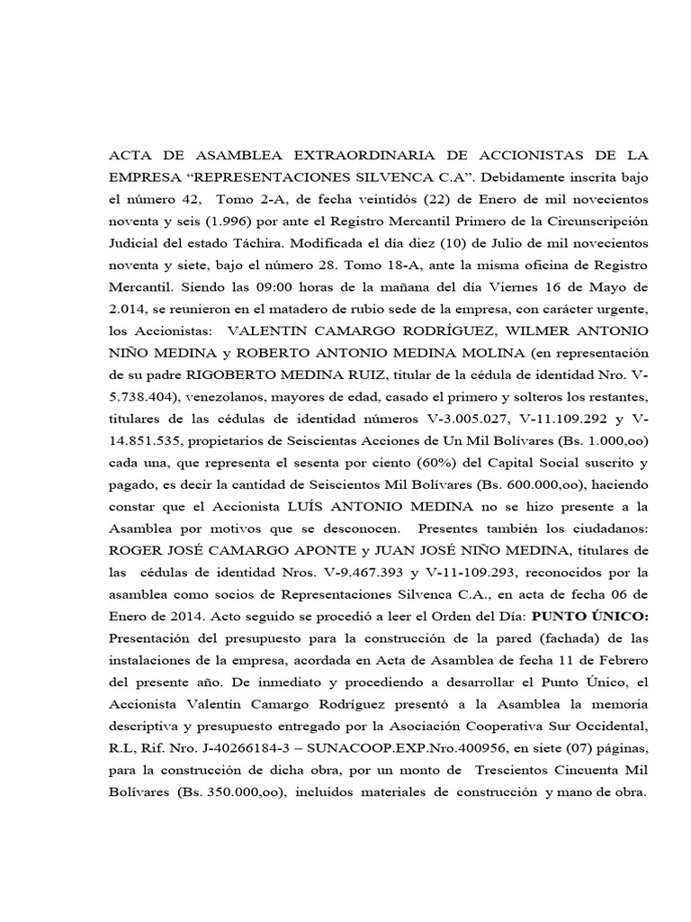 Acta V de Asamblea Representaciones Silvenca | PDF | Finanzas y dinero