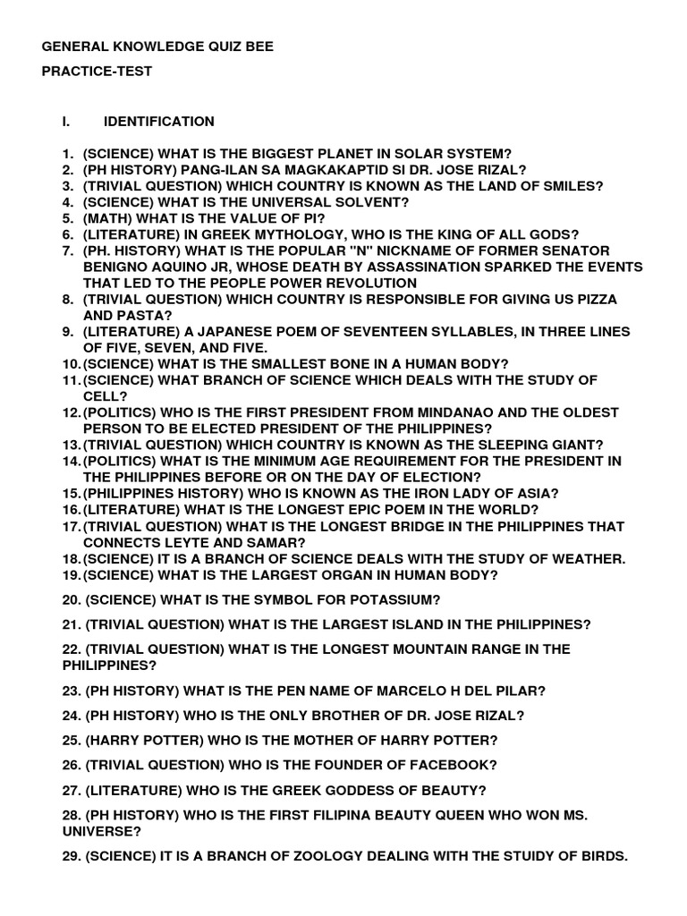 GENERAL KNOWLEDGE QUIZ BEE Practice Test | Download Free PDF | Chemical ...