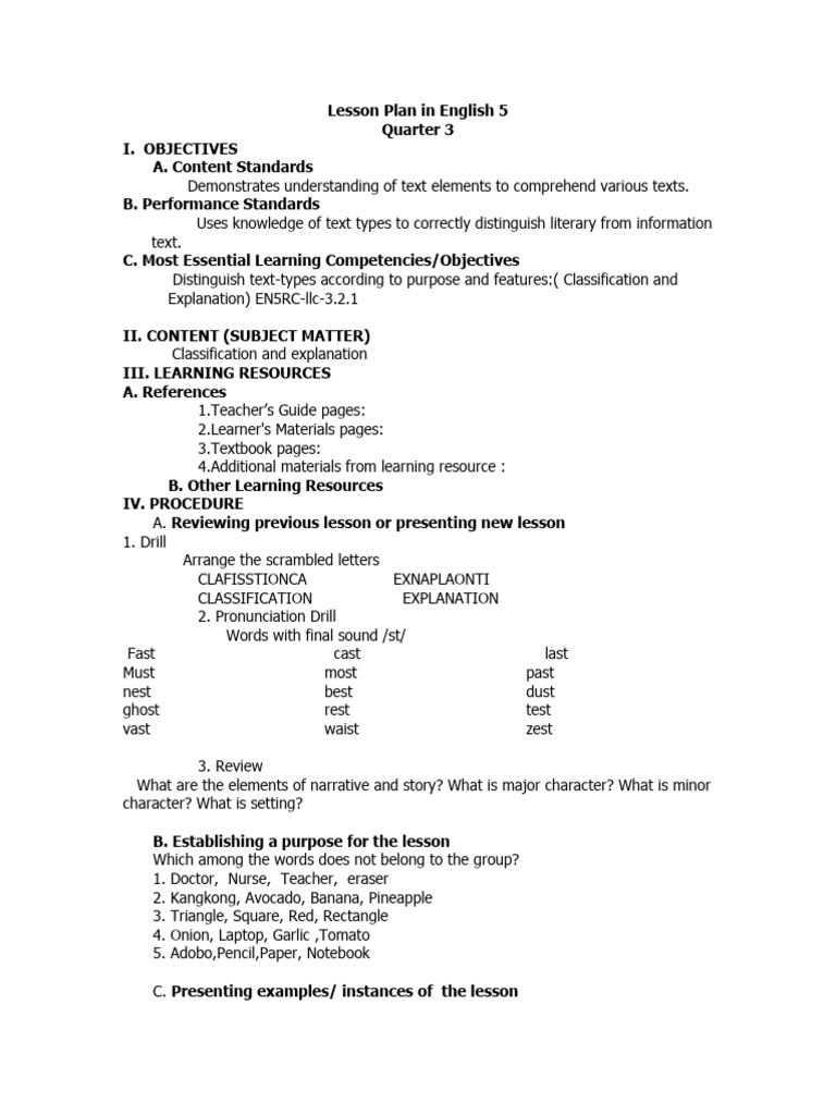 DONE DEMO (Final LESSON PLAN IN ENGLISH CLSSIFICATION, EXPLANATION ...