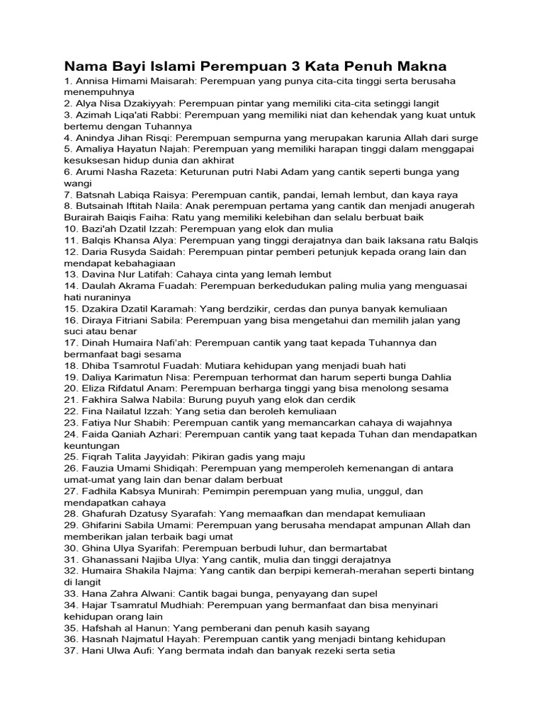Nama Bayi Islami Perempuan 3 Kata Penuh Makna | PDF