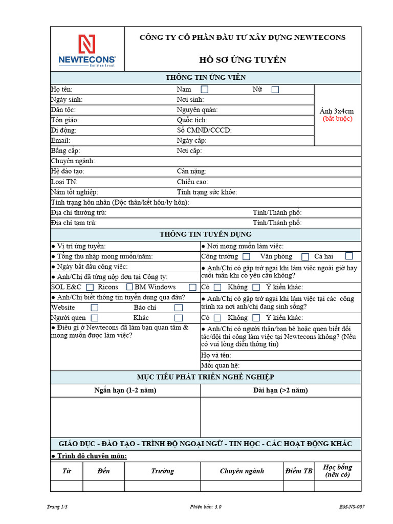 BM-007-NS Ho So Ung Tuyen | PDF