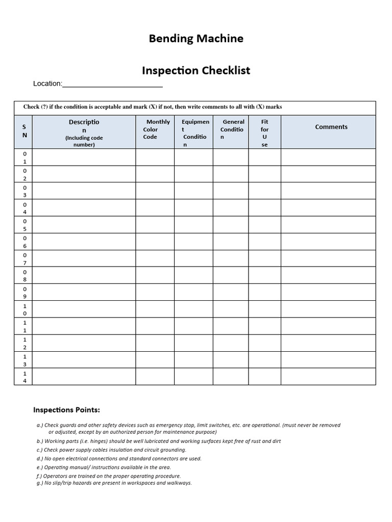 Bending Machine Inspection Checklist | PDF | Teaching Methods ...