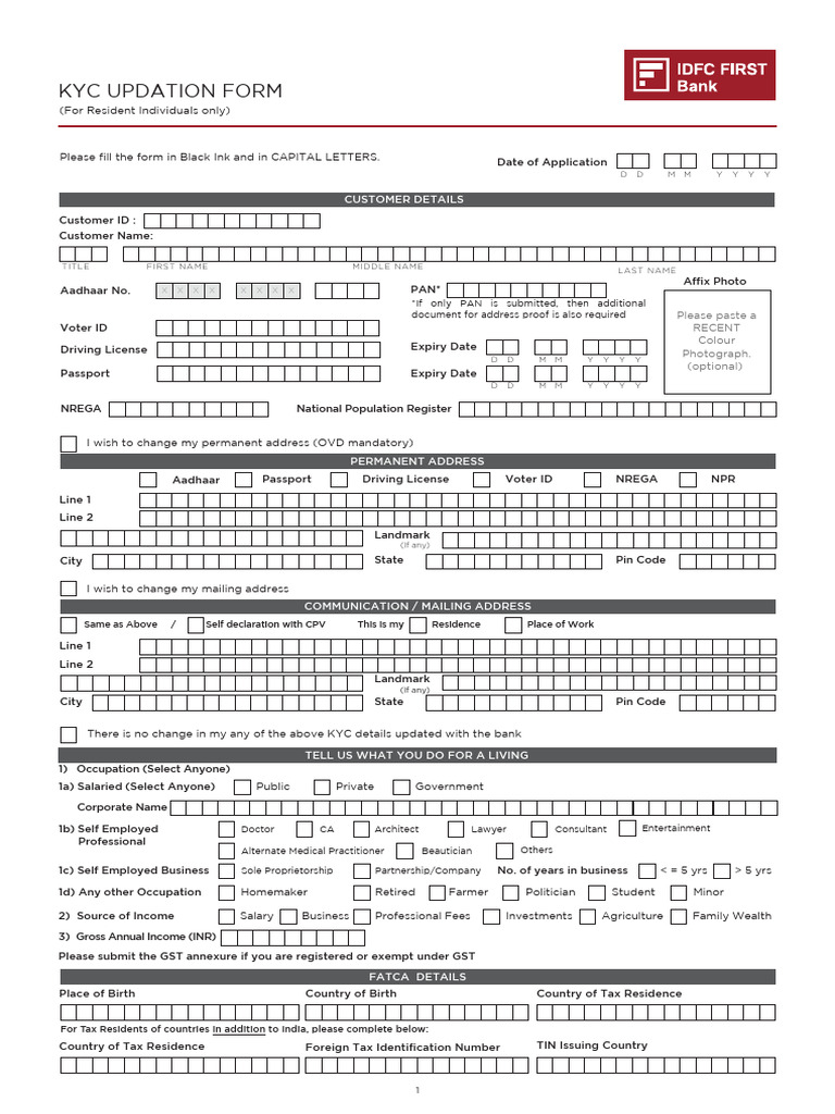 Idfc First Kyc Form v5 | PDF