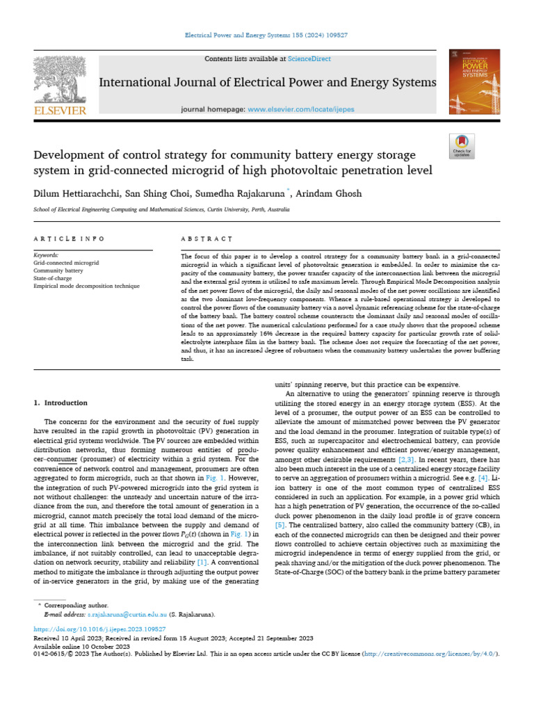 2024 - Development of Control Strategy For Community Battery Energy ...