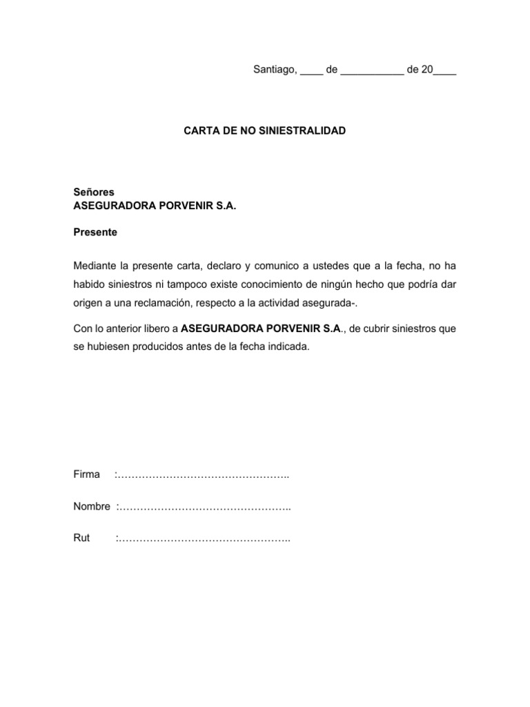 Carta de No Siniestralidad - Sin Póliza | PDF