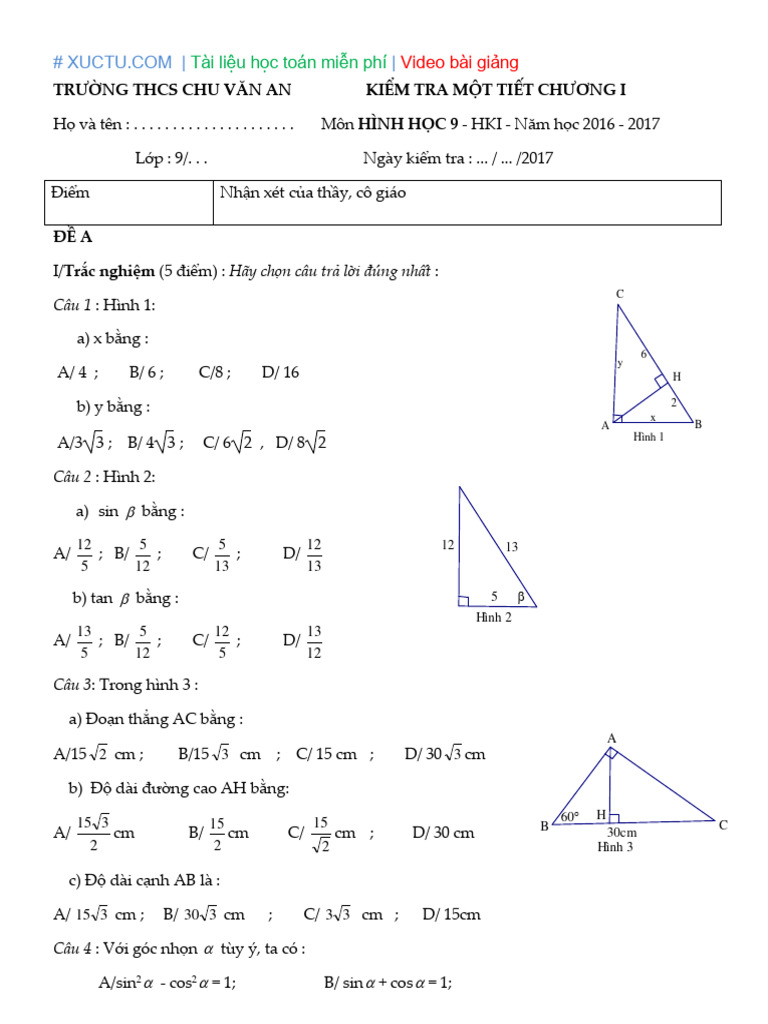 X.De Kiem Tra 45 P Hinh Hoc 9 Chuong 1 He Thuc Luong Trong Tam Giac | PDF