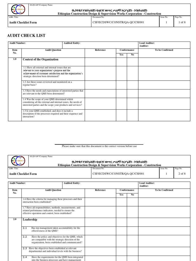CSF-ECDSWC-CONSTR-QA-QC-CH-001 Audit Checklist | PDF | Audit | Quality Management System
