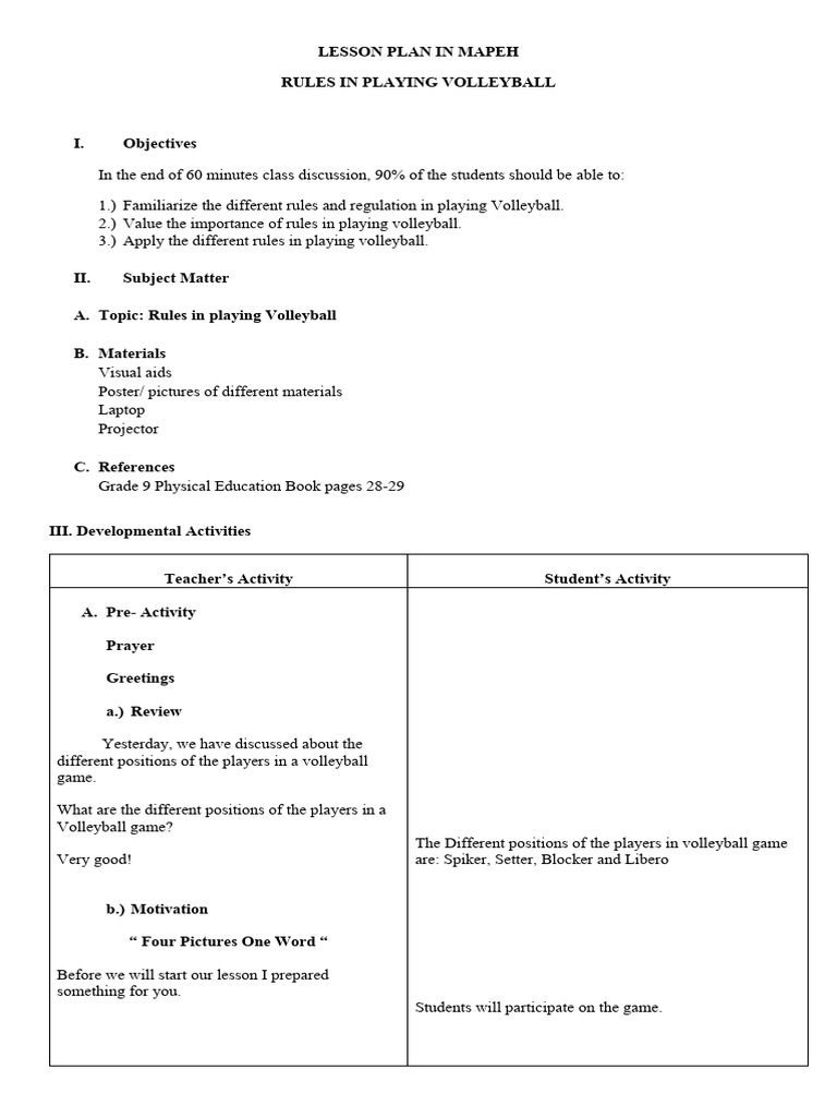 LESSON PLAN IN MAPEH DETAILED | PDF | Volleyball | Lesson Plan