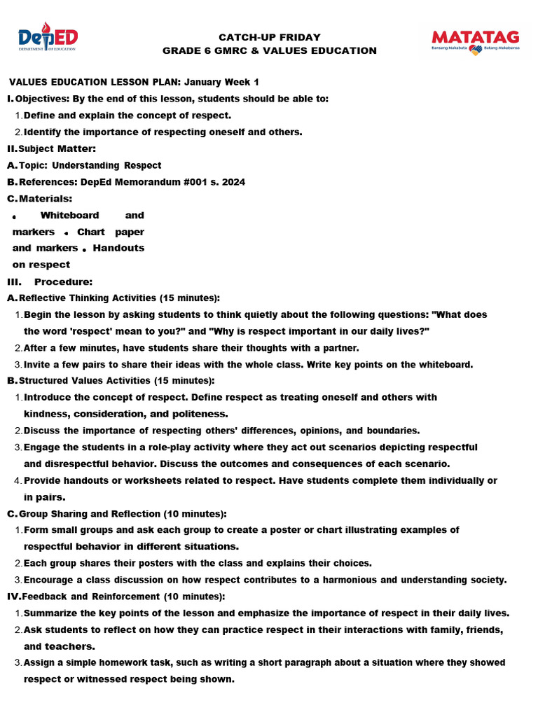 Grade 6 GMRC Values | PDF | Gratitude | Lesson Plan