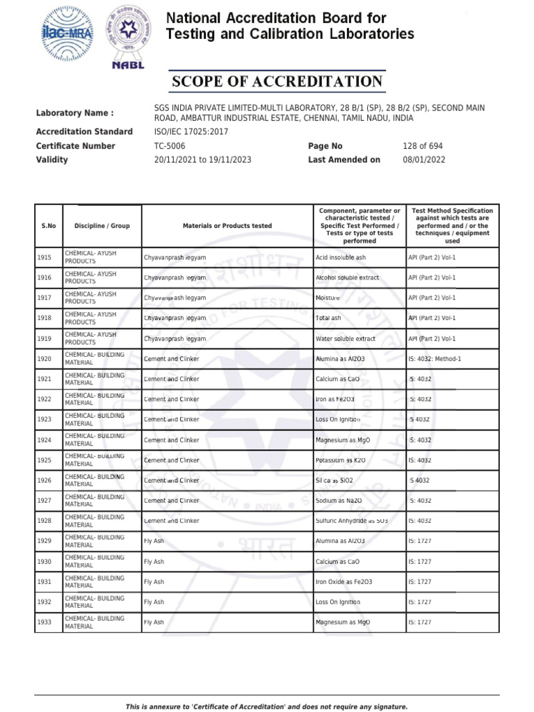 Sgs Chennai Scope | PDF | Cement | Chemical Substances