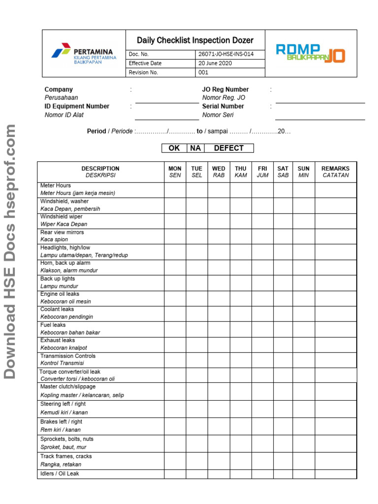 Checklist Inspection Dozer | PDF | Motor Vehicle | Vehicles