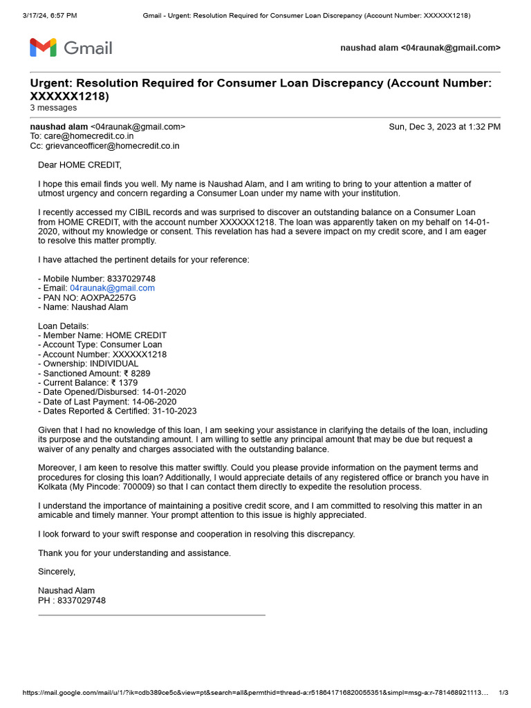 Gmail - Urgent - Resolution Required For Consumer Loan Discrepancy (Account Number - XXXXXX1218 ...