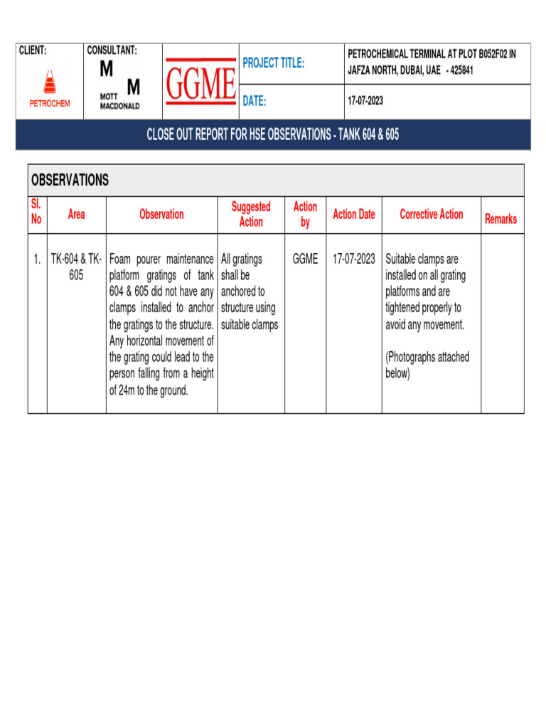 HSE Closeout Report: Tanks 604 & 605 | PDF | Technology & Engineering