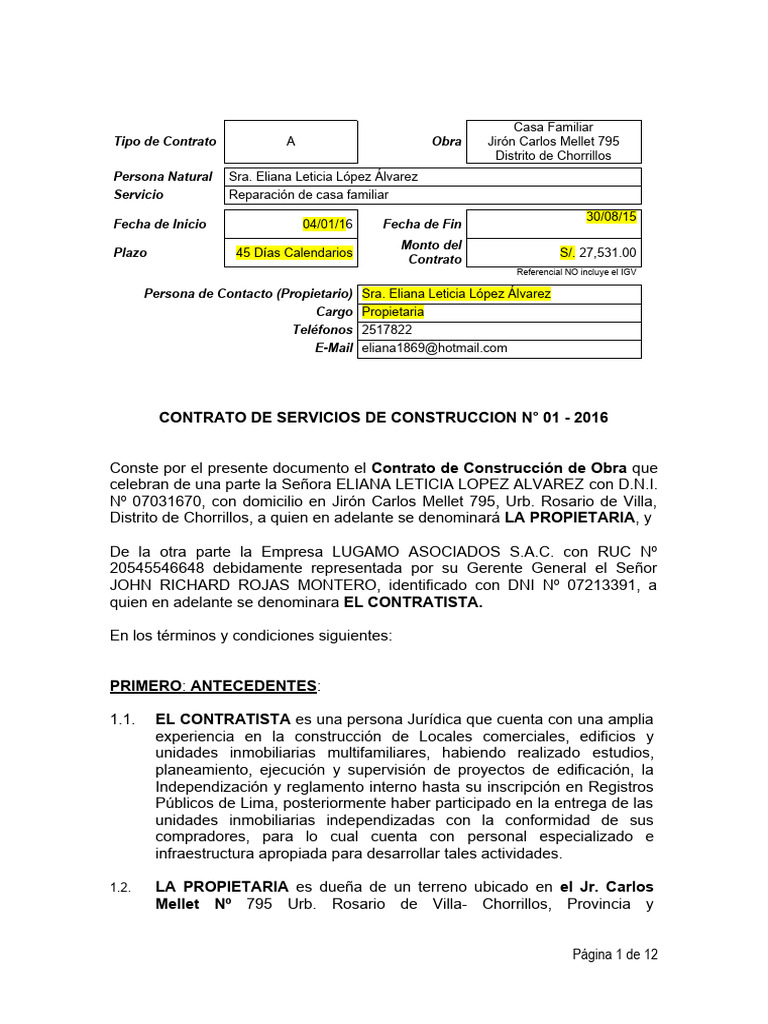 CONTRATO DE OBRA - Rev. 04 MLL 09.03.15 | PDF | Arbitraje | Ley común