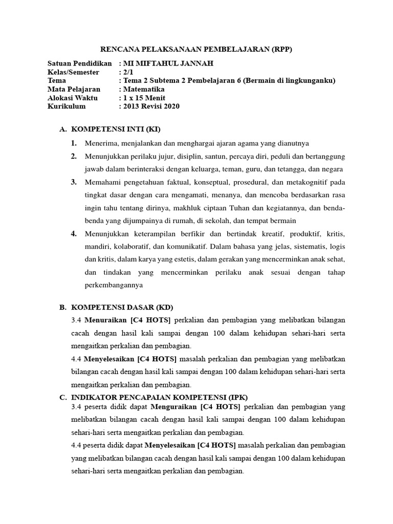 RPP MTK Kelas 2 | PDF