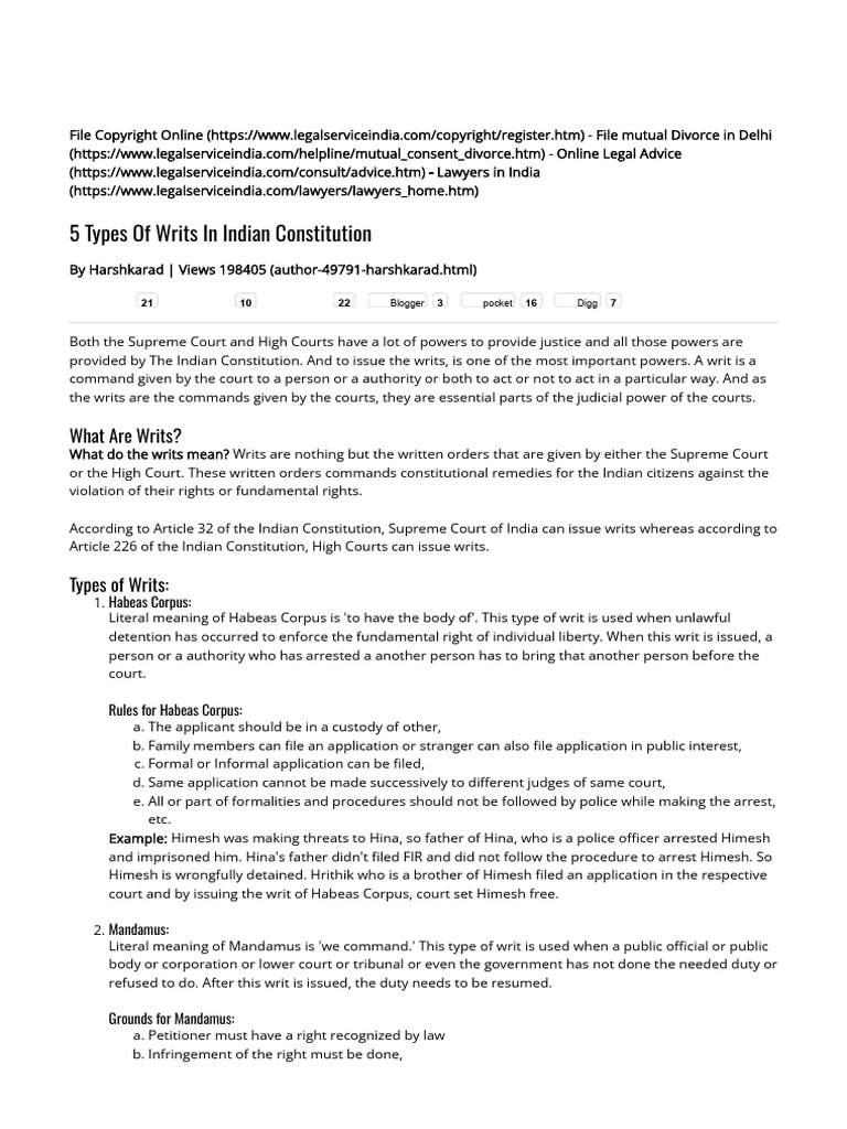 5 Types of Writs in Indian Constitution | Download Free PDF | Writ ... 5 Types of Writs in Indian Constitution | Download Free PDF | Writ ...