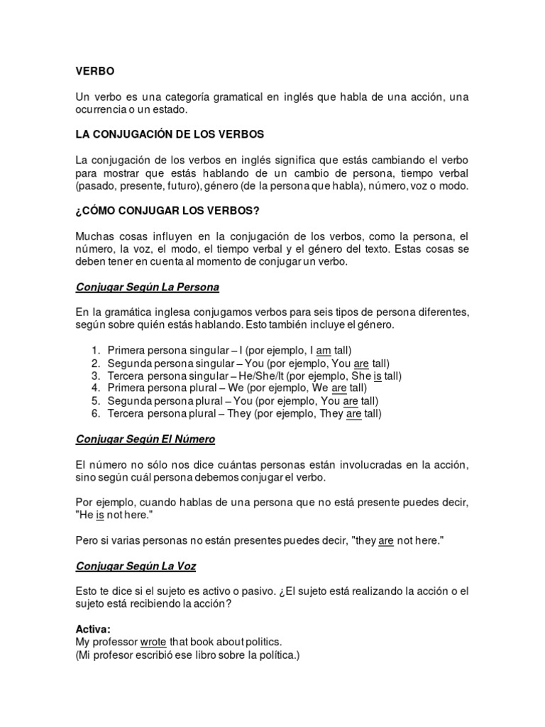 La Conjugación De Los Verbos Pdf Verbo Conjugación Gramatical