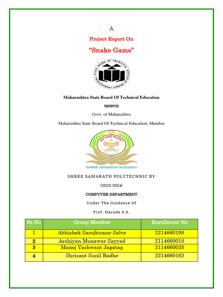 Snake Game: Used HTML & Css Project Report With Source Code | PDF