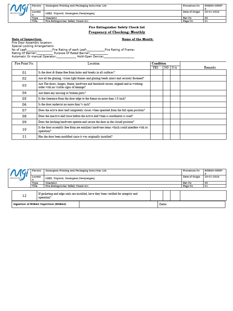 Work Organization -Fire Door Checklist-HSE&S-OHSF-4 | PDF | Door ...