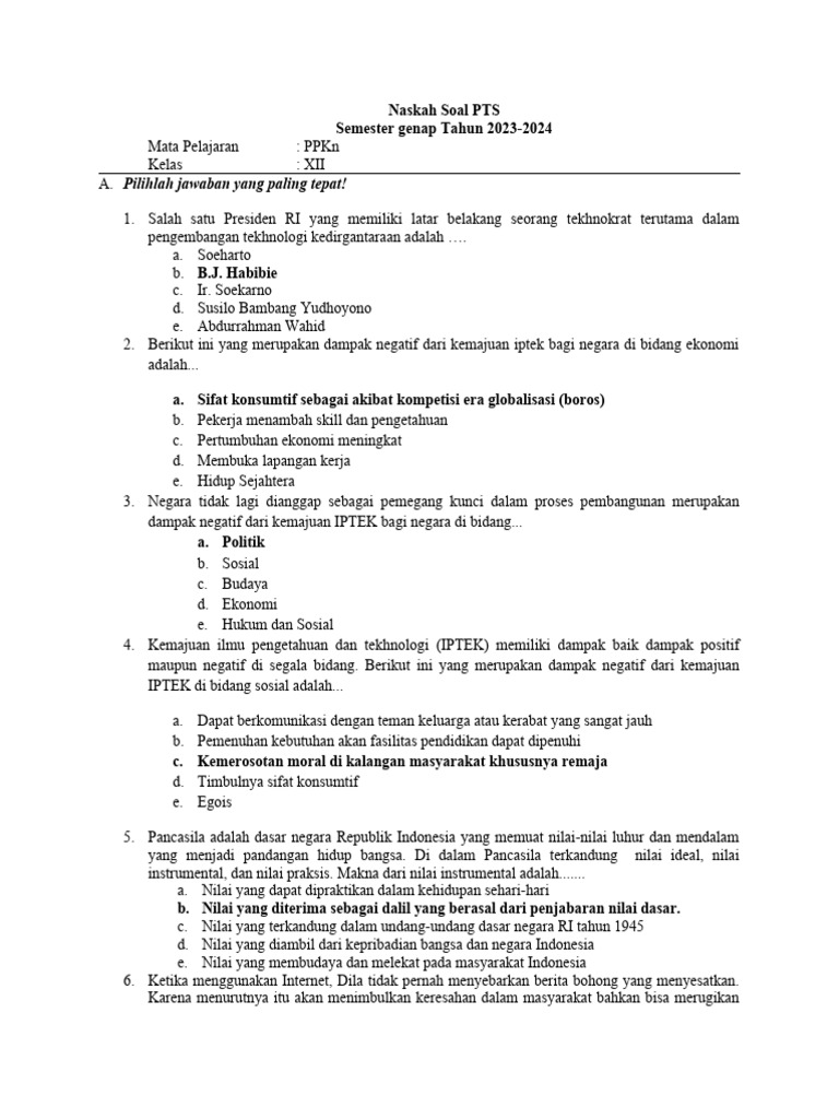 NASKAH PTS GENAP PPKN KELAS XII.2023-2024 | PDF | Politik