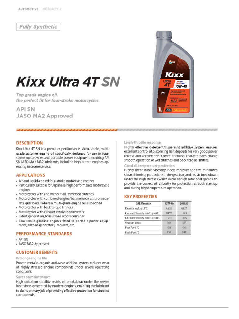 Kixx Ultra 4T SN MA2 10W-40 - PDS - EN | PDF | Motor Oil | Propulsion