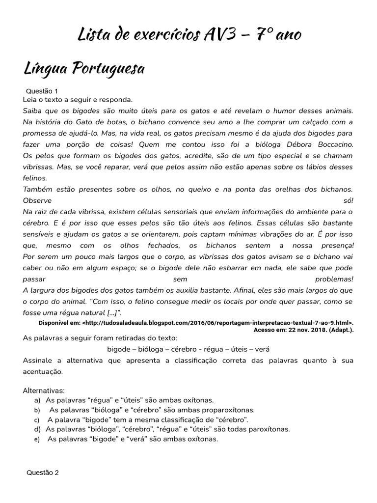 Lista de Exercícios AV3 7° Ano | PDF